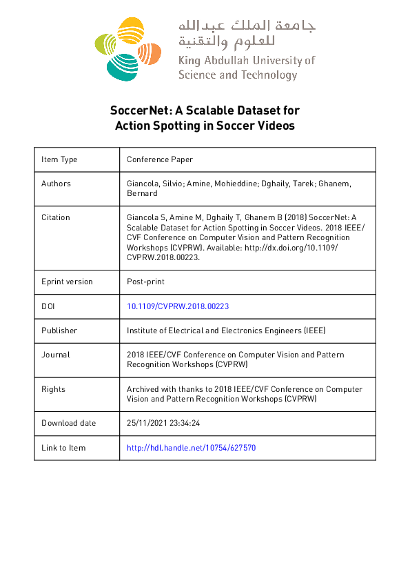 (PDF) SoccerNet: A Scalable Dataset for Action Spotting in Soccer Videos