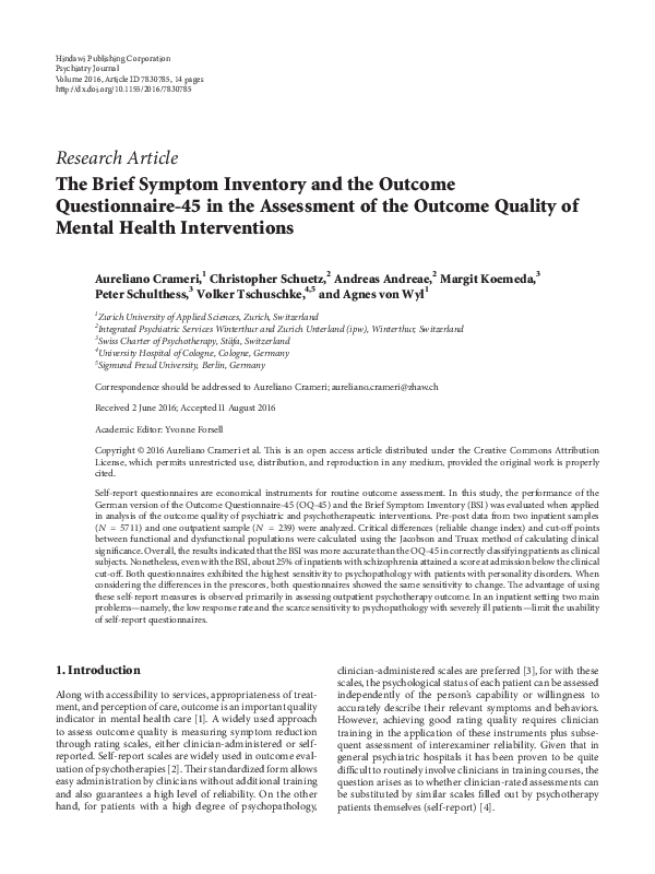 (PDF) The Brief Symptom Inventory and the Outcome Questionnaire-45 in ...