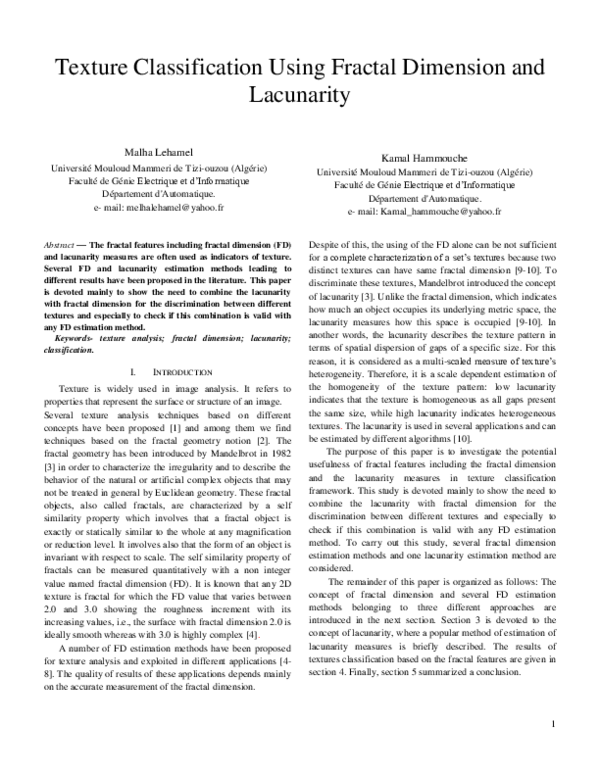 (PDF) Texture Classification Using Fractal Dimension and Lacunarity