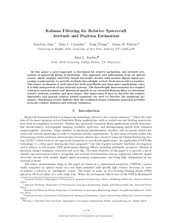Pdf Kalman Filtering For Relative Spacecraft Attitude And Position Estimation