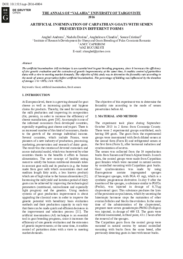 (PDF) Artificial Insemination of Carpathian Goats with Semen Preserved in Different Forms