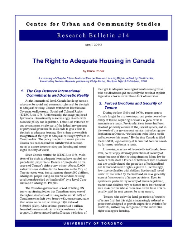 (PDF) The Right to Adequate Housing in Canada