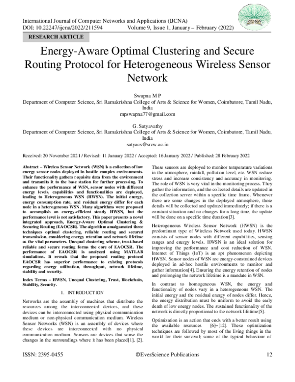 Pdf Energy Aware Optimal Clustering And Secure Routing Protocol For Heterogeneous Wireless 