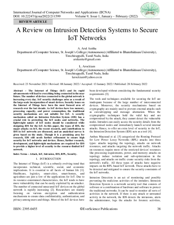 Pdf A Review On Intrusion Detection Systems To Secure Iot Networks