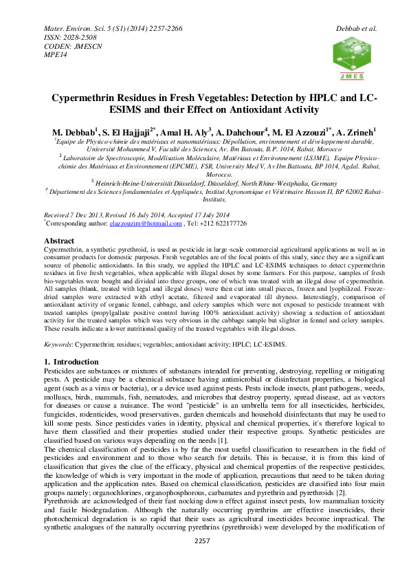 (PDF) Cypermethrin Residues in Fresh Vegetables: Detection by HPLC and ...
