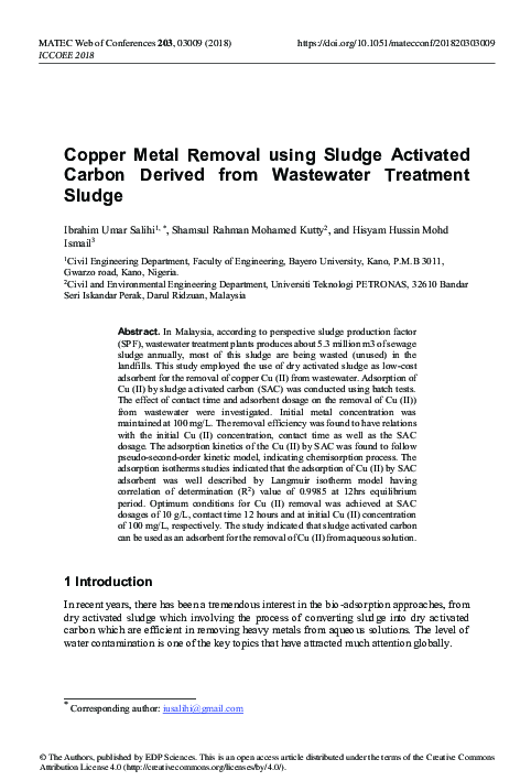 (PDF) Copper Metal Removal using Sludge Activated Carbon Derived from ...