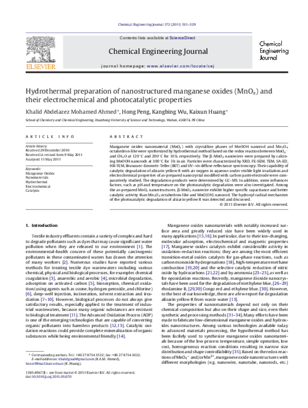 (PDF) Hydrothermal preparation of nanostructured manganese oxides (MnOx) and their ...