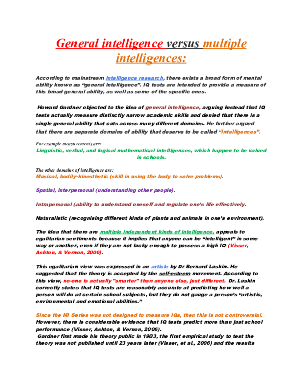 (DOC) General intelligence versus multiple intelligences