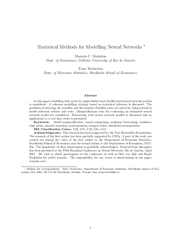(PDF) Statistical methods for modelling neural networks