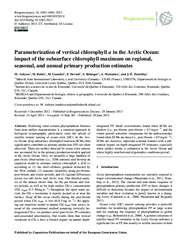 Pdf Parameterization Of Vertical Chlorophyll A In The Arctic Ocean Impact Of The Subsurface