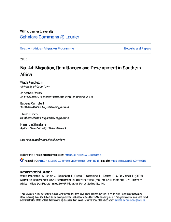 Pdf No 44 Migration Remittances And Development In Southern Africa
