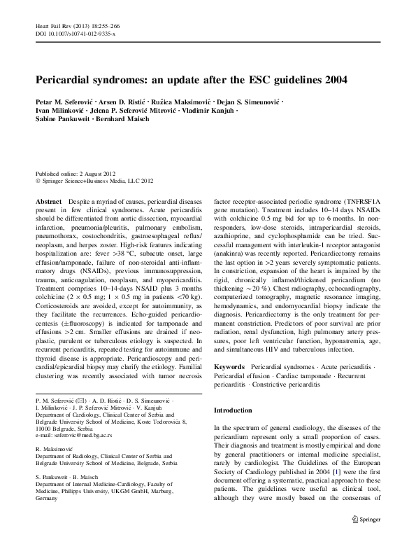 (PDF) Pericardial syndromes: an update after the ESC guidelines 2004