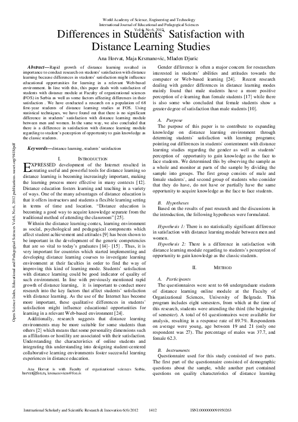 (PDF) Differences in Students` Satisfaction with Distance Learning Studies