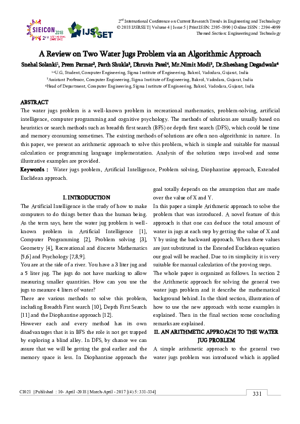 (PDF) A Review on Two Water Jugs Problem via an Algorithmic Approach