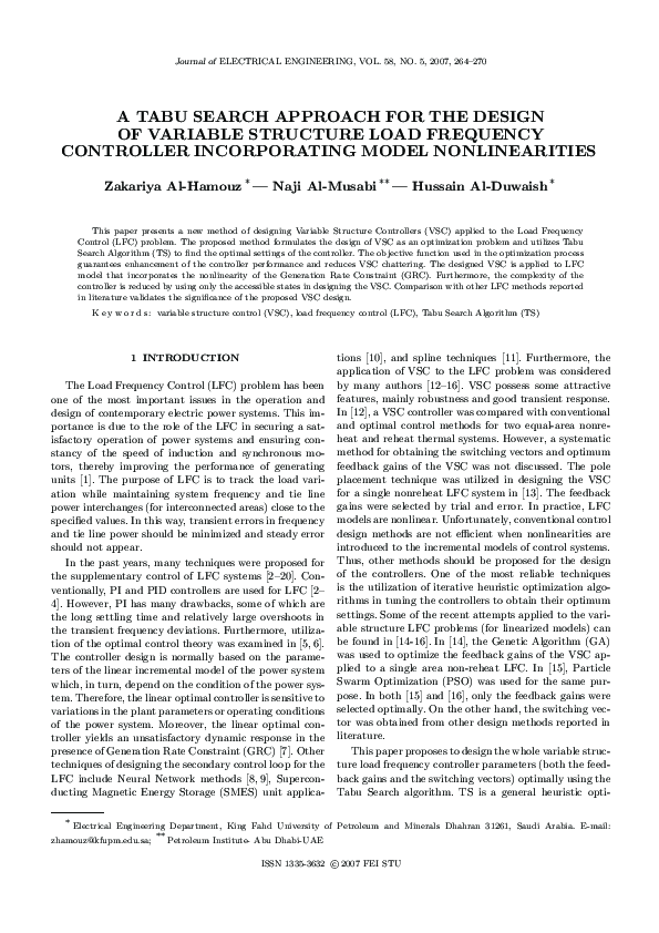 (PDF) A Tabu Search Approach for the Design of Variable Structure Load Frequency Controller ...