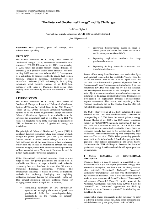 (PDF) The future of geothermal energy" and its challenges