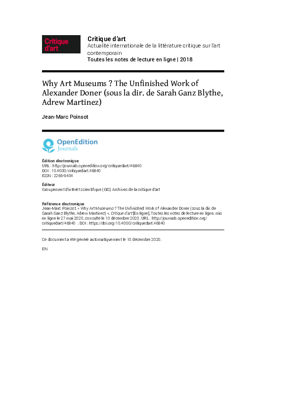 (PDF) Why Art Museums ? The Unfinished Work of Alexander Doner (sous la ...