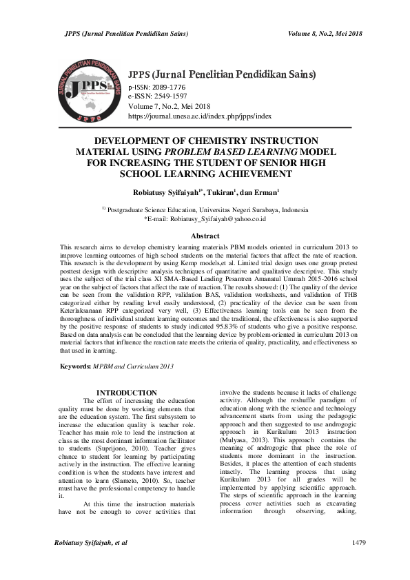 Pdf Development Of Chemistry Instruction Material Using Problem Based Learning Model For