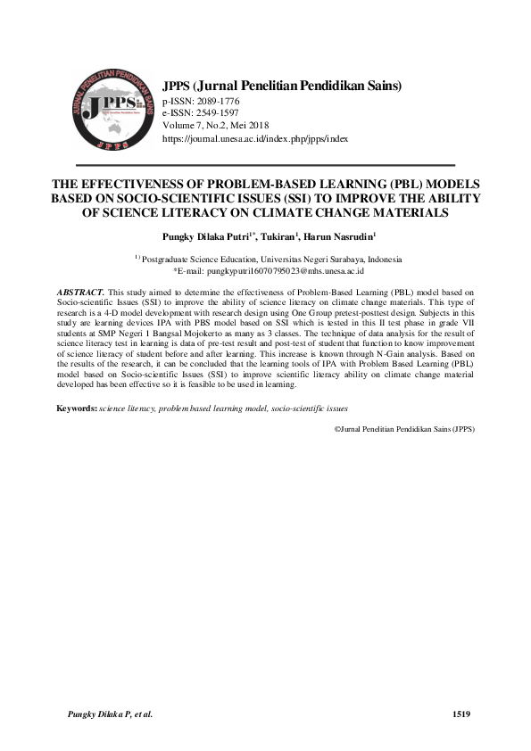 (PDF) The Effectiveness of Problem-Based Learning (PBL) Models Based on Socio-Scientific Issues ...