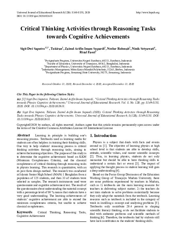 (PDF) Critical Thinking Activities through Reasoning Tasks towards ...
