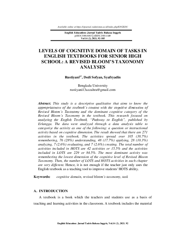 (PDF) Levels of Cognitive Domain of Tasks in English Textbooks for ...