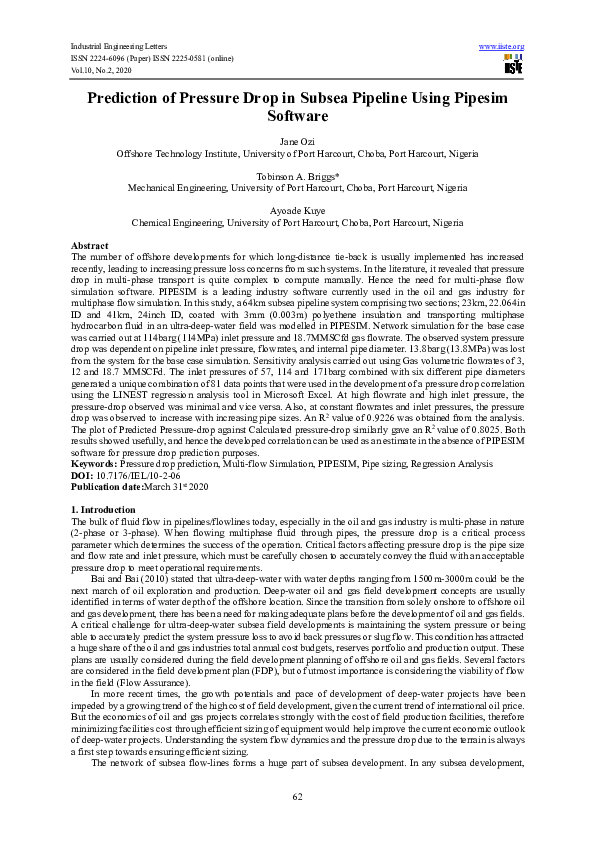 (PDF) Prediction of Pressure Drop in Subsea Pipeline Using Pipesim Software