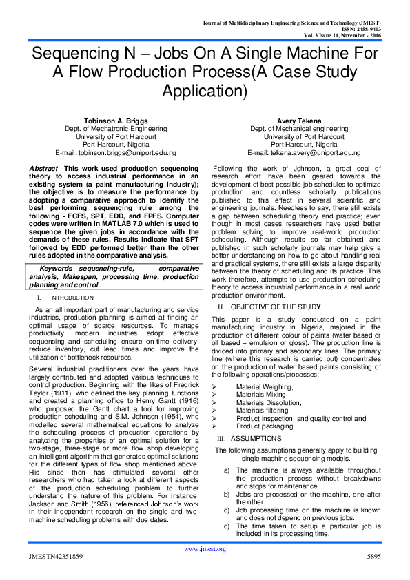 (PDF) Sequencing N-Jobs On A Single Machine For A Flow Production ...
