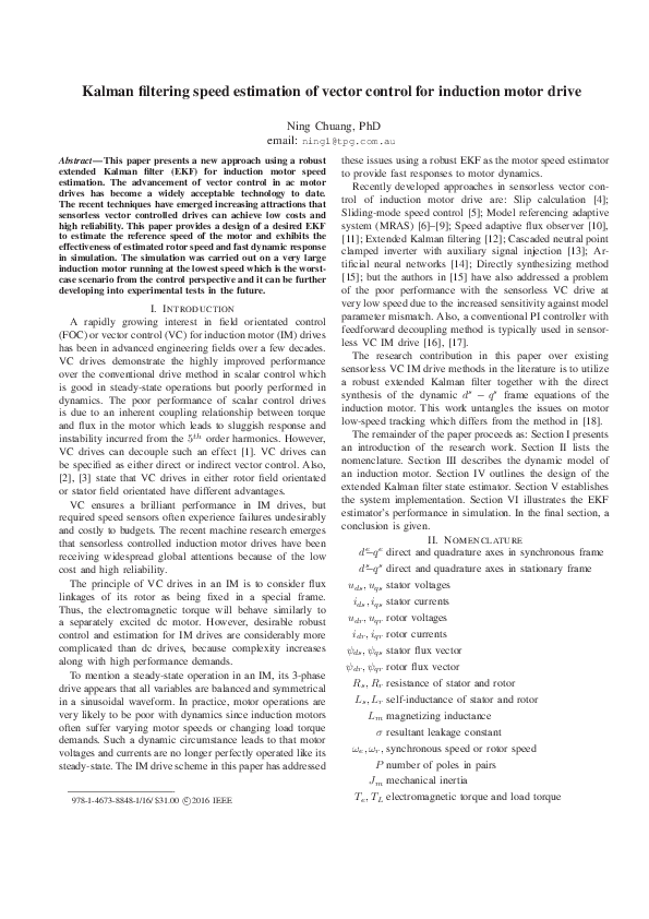 Pdf Kalman Filtering Speed Estimation Of Vector Control For Induction Motor Drive
