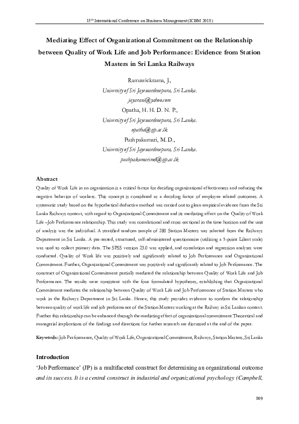 (PDF) Mediating Effect of Organizational Commitment on the Relationship between Quality of Work ...