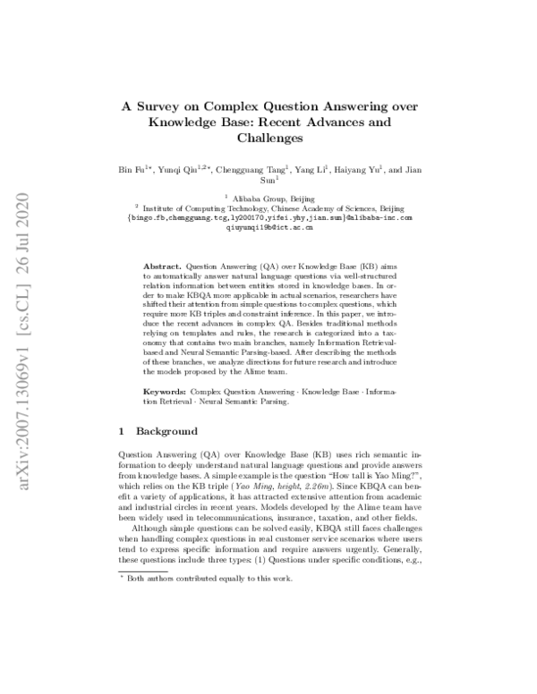 (PDF) A Survey on Complex Question Answering over Knowledge Base: Recent Advances and Challenges