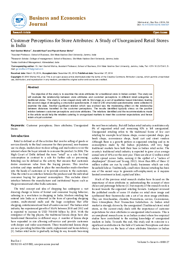 (PDF) Customer Perceptions for Store Attributes: A Study of Unorganized ...