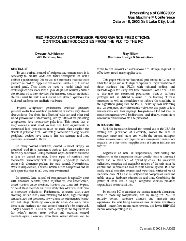 (PDF) Reciprocating Compressor Performance Predictions: Control ...