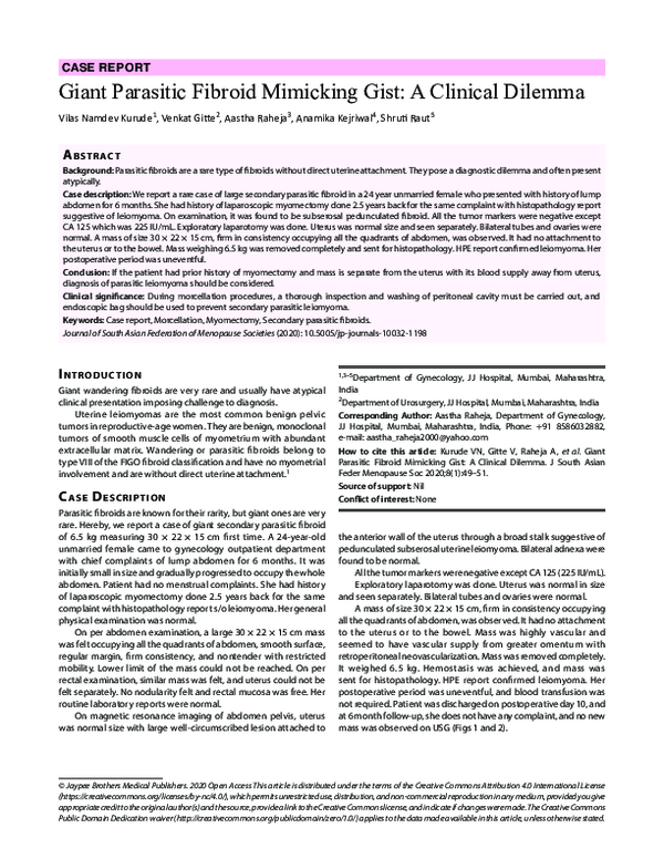 (PDF) Giant Parasitic Fibroid Mimicking Gist: A Clinical Dilemma