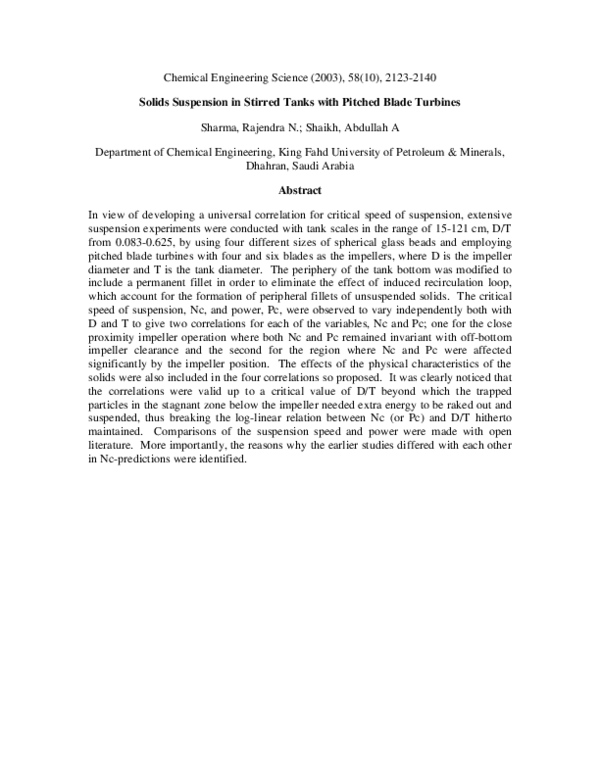 (PDF) Solids suspension in stirred tanks with pitched blade turbines