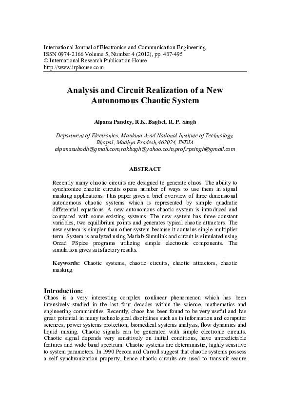 (PDF) Analysis and Circuit Realization of a New Autonomous Chaotic System