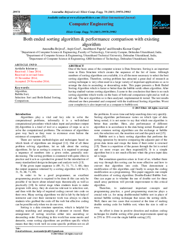 Pdf Both Ended Sorting Algorithm And Performance Comparison With Existing Algorithm