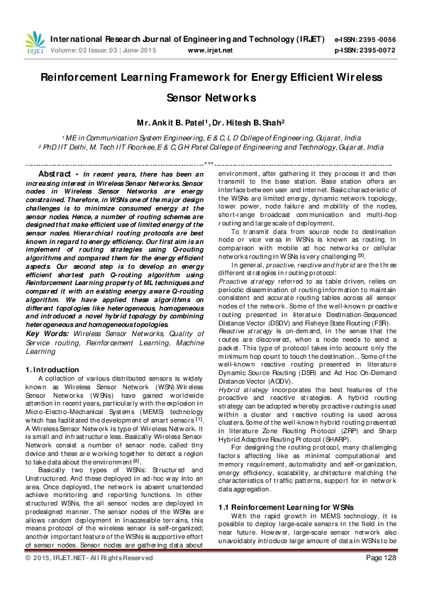 (PDF) Reinforcement Learning Framework for Energy Efficient Wireless Sensor Networks