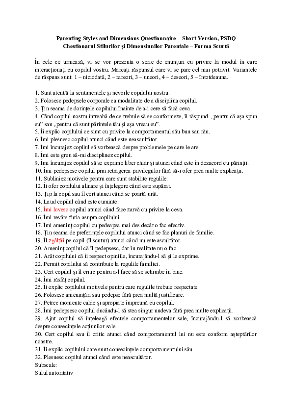 (DOC) Parenting Styles and Dimensions Questionnaire -Short Version ...