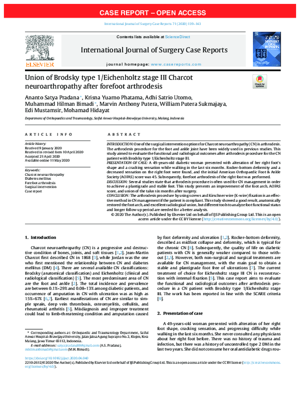 (PDF) Union of Brodsky type 1/Eichenholtz stage III Charcot ...