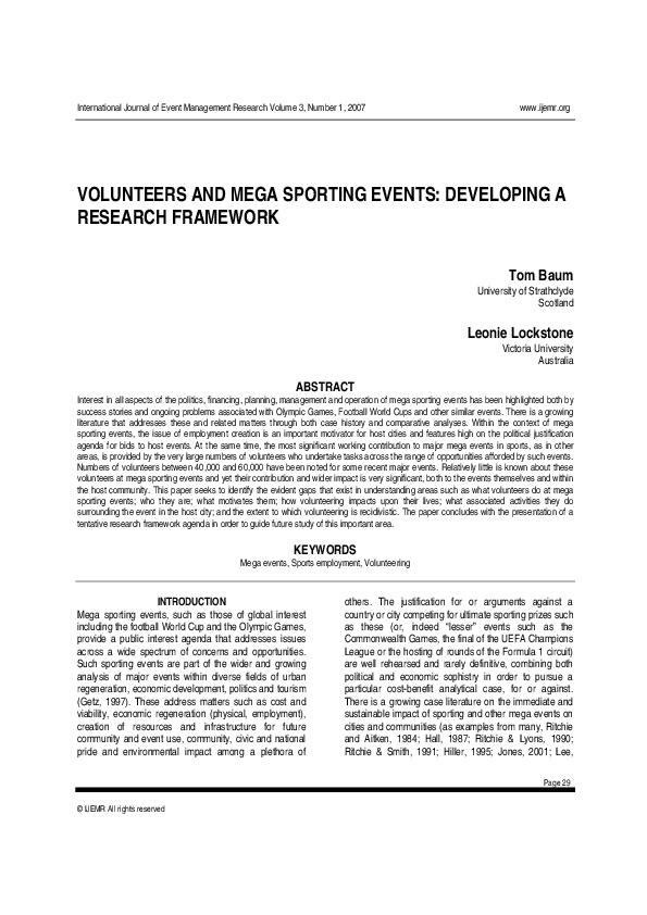 (PDF) Volunteers and mega sporting events : developing a research framework