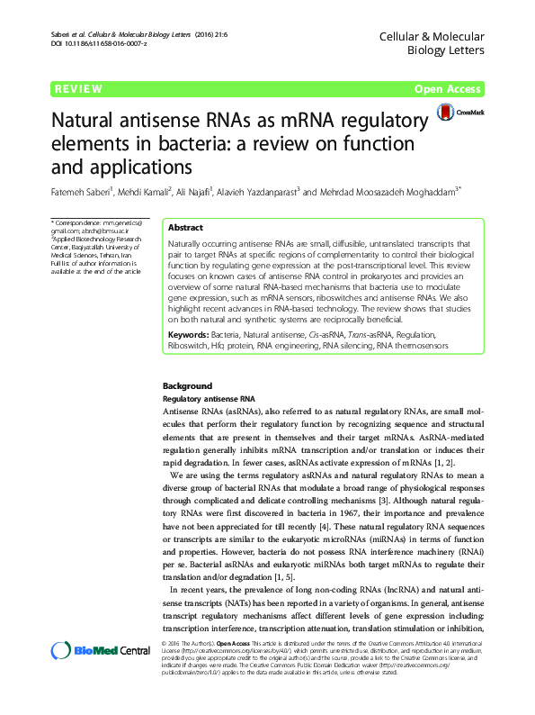 (PDF) Natural antisense RNAs as mRNA regulatory elements in bacteria: a review on function and ...