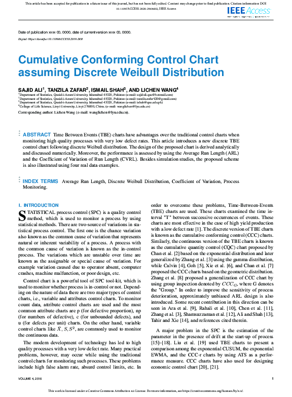 Pdf Cumulative Conforming Control Chart Assuming Discrete Weibull Distribution