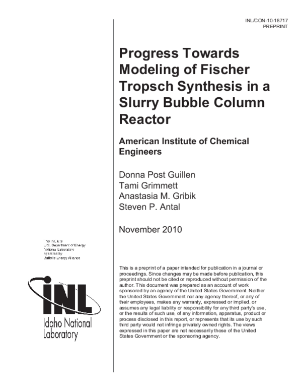 (PDF) Progress Towards Modeling of Fischer Tropsch Synthesis in a Slurry Bubble Column Reactor