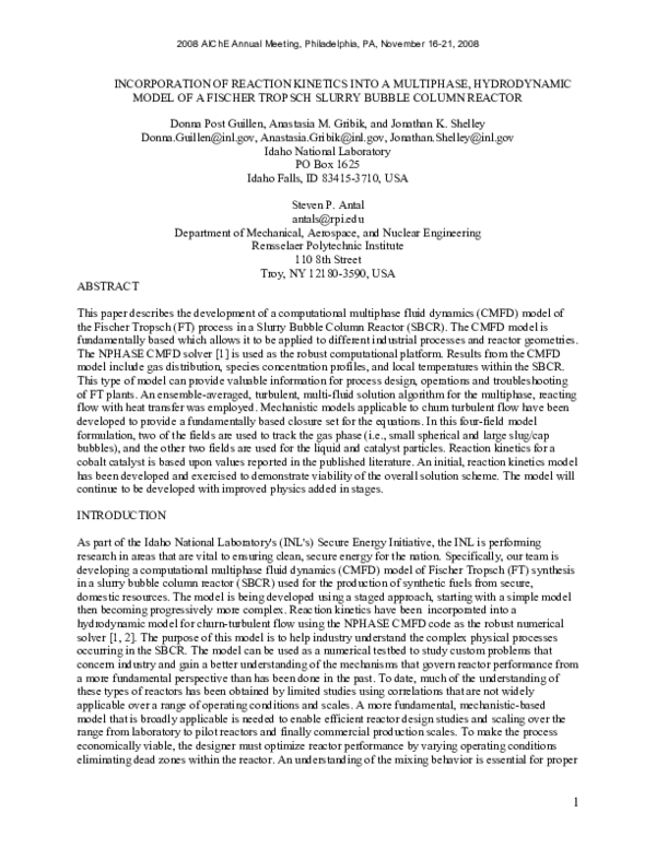 (PDF) 1 Incorporation of Reaction Kinetics Into a Multiphase , Hydrodynamic Model of a Fischer ...