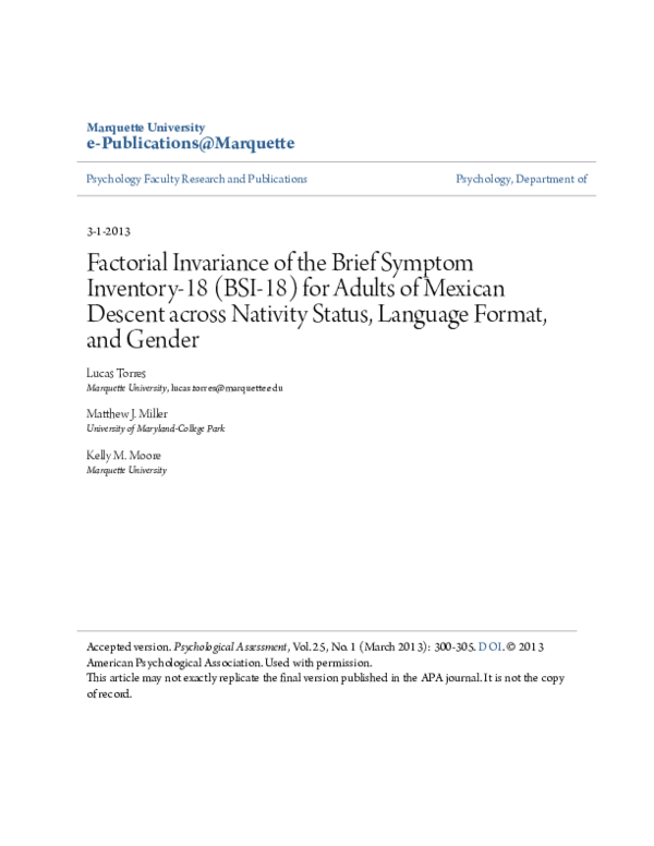 (PDF) Factorial invariance of the Brief Symptom Inventory-18 (BSI-18 ...
