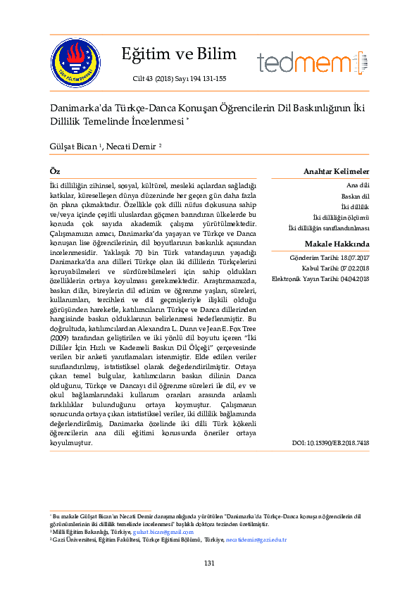 (PDF) Examination of Language Dominance of Turkish-Danish Speaking ...