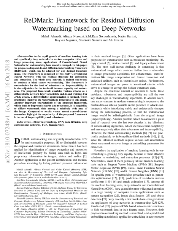 (PDF) ReDMark: Framework for Residual Diffusion Watermarking on Deep ...
