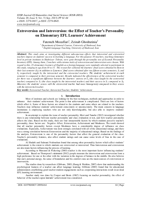 (PDF) Extroversion and Introversion: the Effect of Teachers Personality on Elementary EFL ...