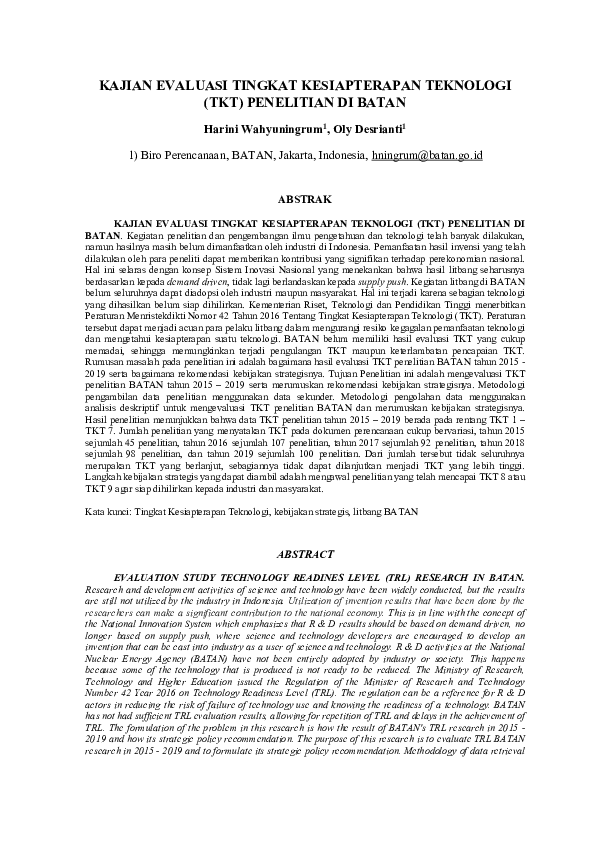 (PDF) Kajian Evaluasi Tingkat Kesiapterapan Teknologi(TKT) Penelitian DI Batan