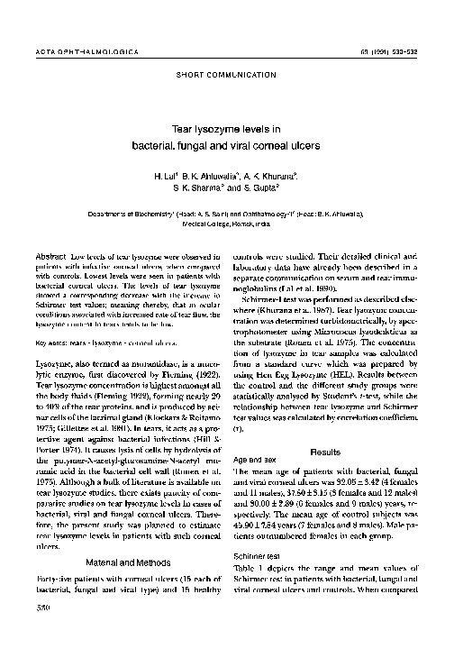 (PDF) Tear lysozyme levels in bacterial, fungal and viral corneal ulcers